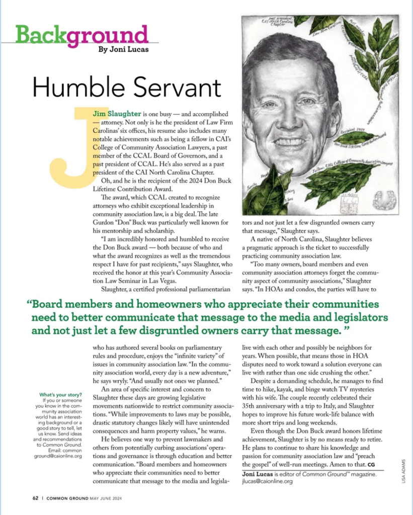 CAI's Common Ground Article on Jim Slaughter - Law Firm Carolinas